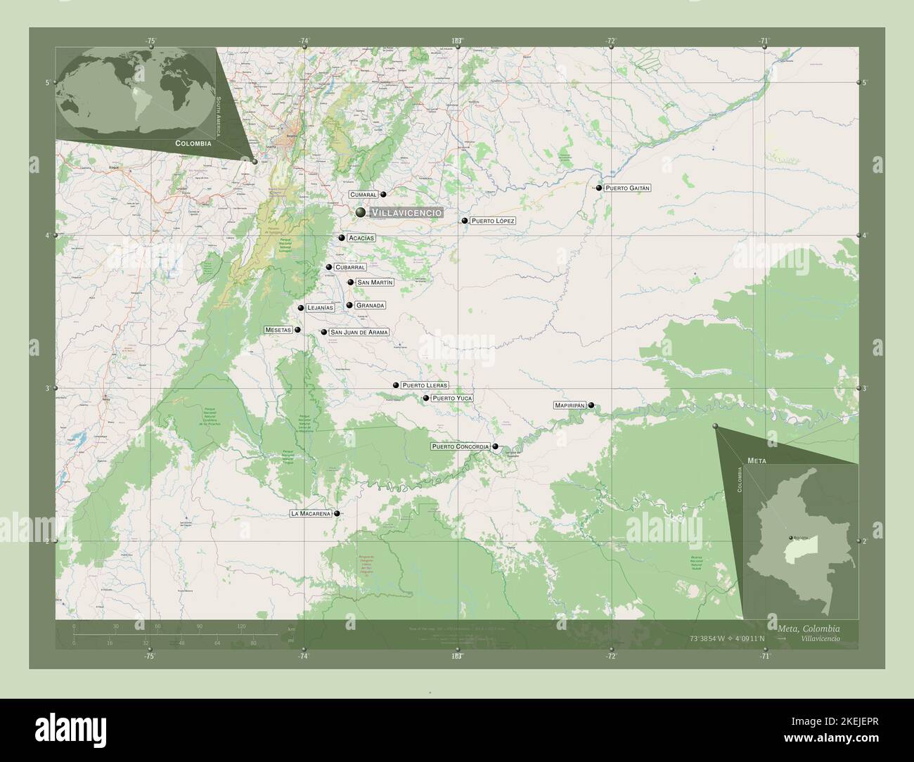 Meta, department of Colombia. Open Street Map. Locations and names of ...