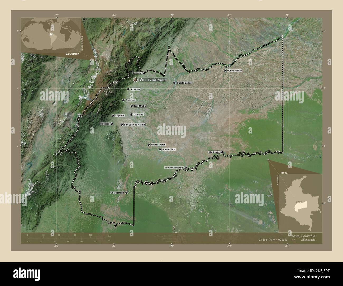 Meta, department of Colombia. High resolution satellite map. Locations ...