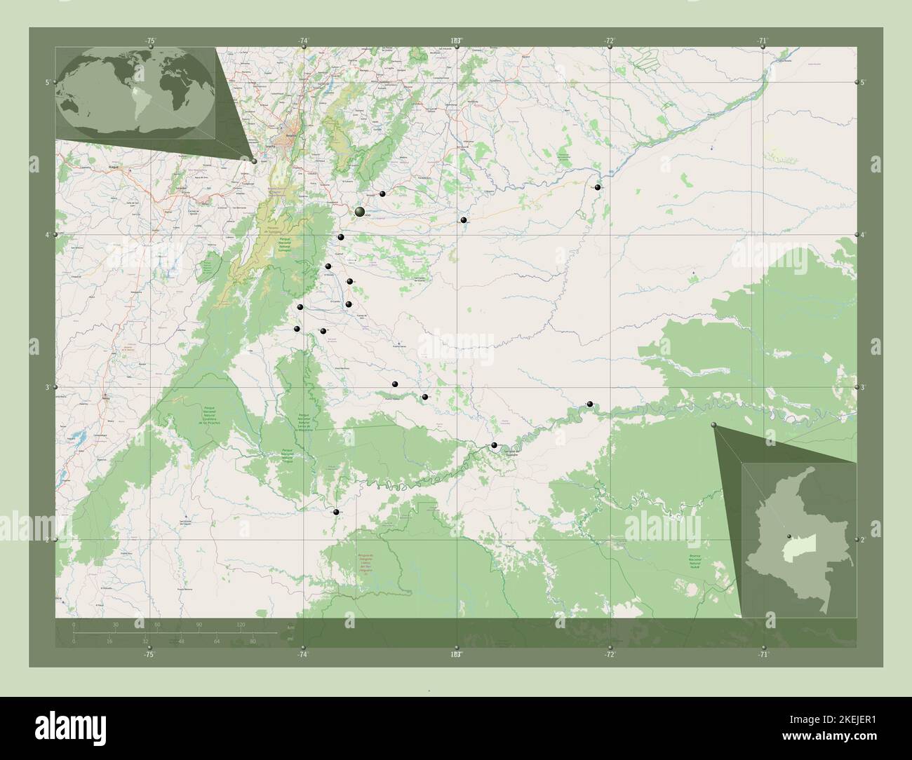 Meta, department of Colombia. Open Street Map. Locations of major ...