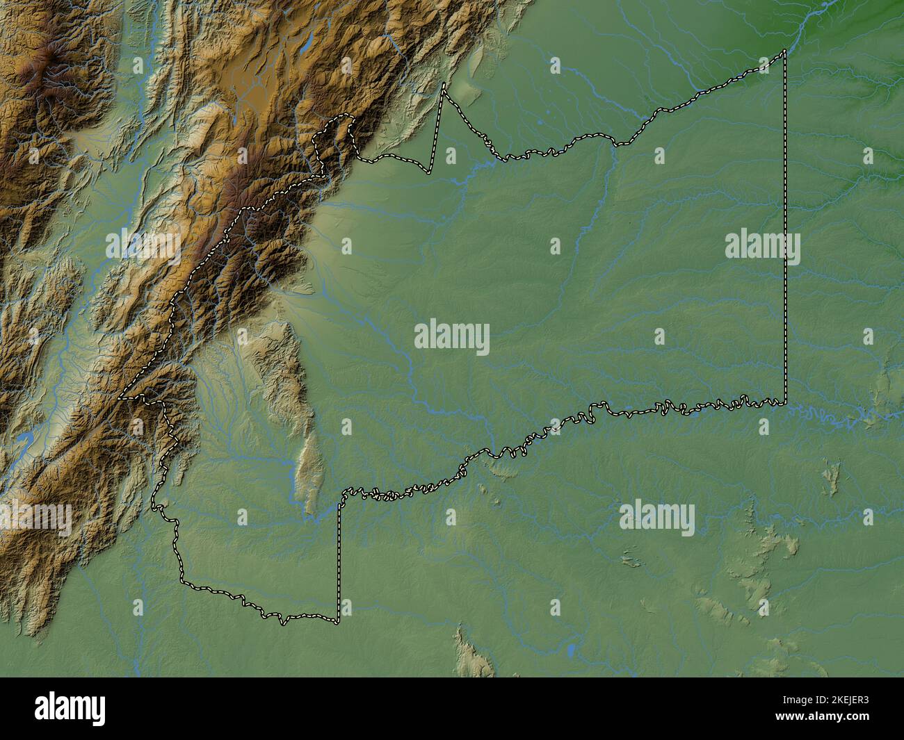 Meta, department of Colombia. Colored elevation map with lakes and ...