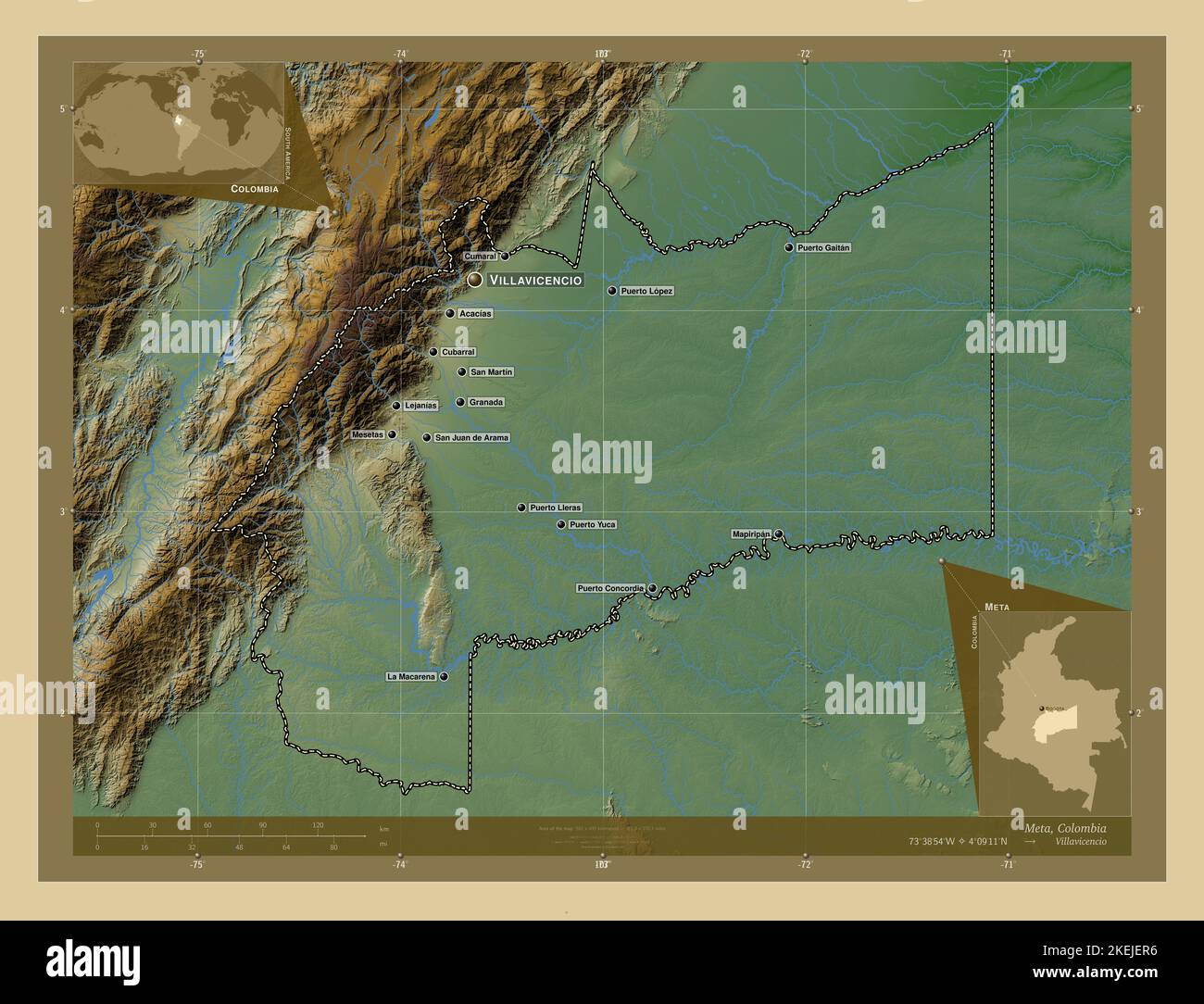 Meta, department of Colombia. Colored elevation map with lakes and ...