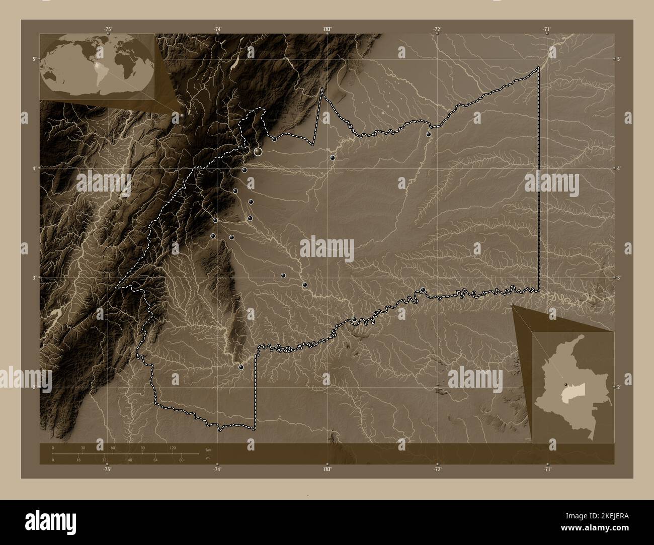 Meta, department of Colombia. Elevation map colored in sepia tones with ...