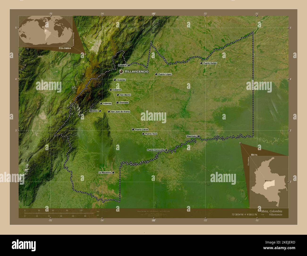 Meta, department of Colombia. Low resolution satellite map. Locations ...