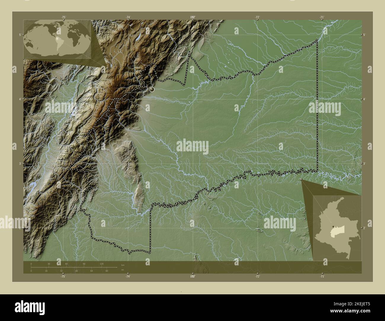 Meta, department of Colombia. Elevation map colored in wiki style with ...