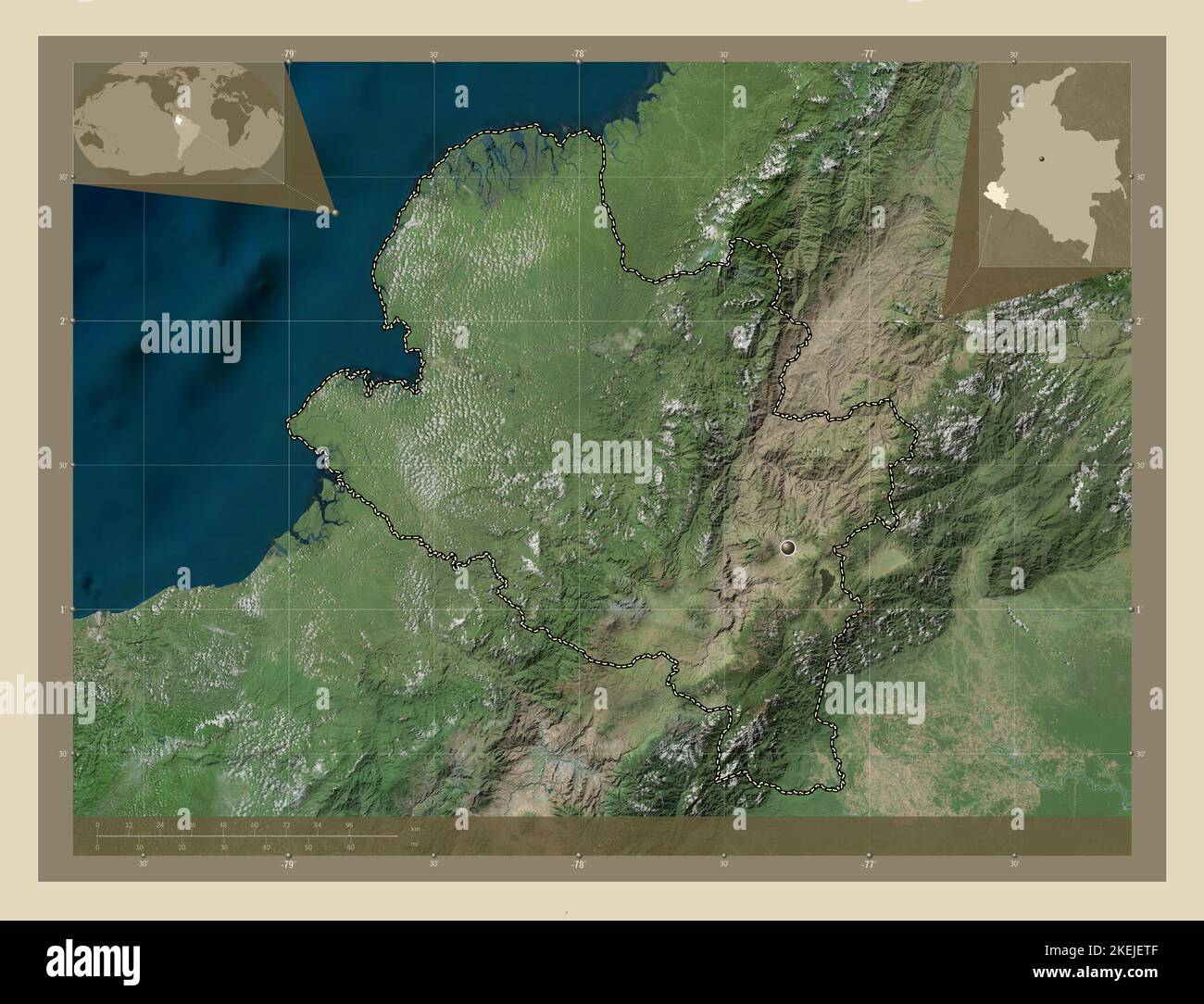 Narino, department of Colombia. High resolution satellite map. Corner auxiliary location maps ...