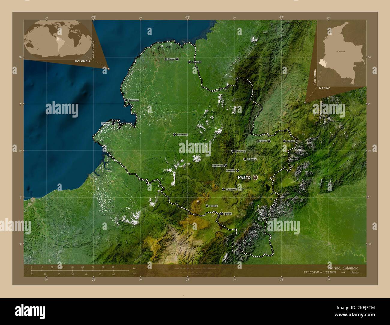 Narino, department of Colombia. Low resolution satellite map. Locations ...