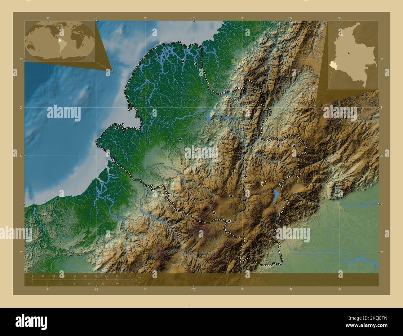 Narino, department of Colombia. Colored elevation map with lakes and ...