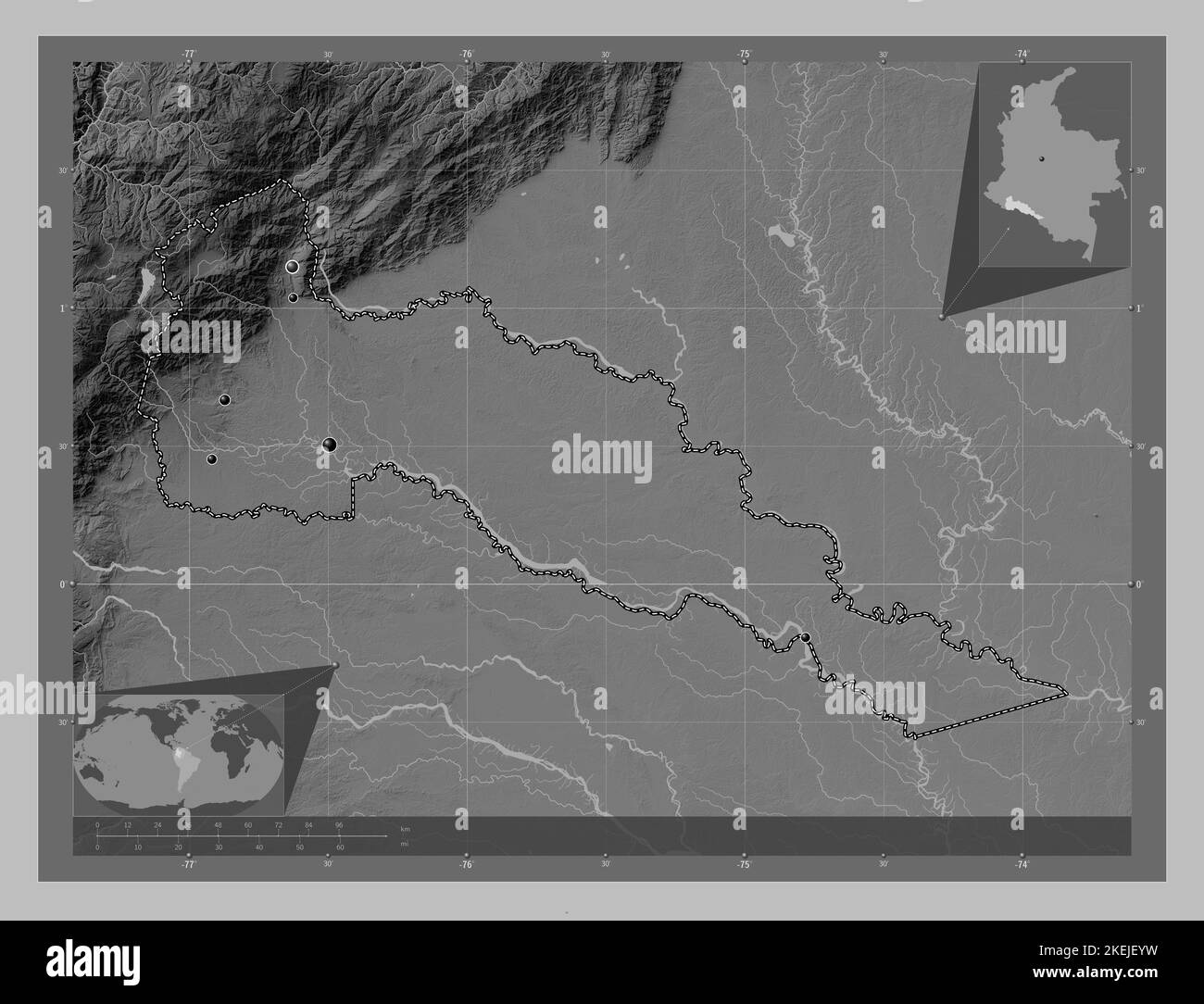 Putumayo, intendancy of Colombia. Grayscale elevation map with lakes ...