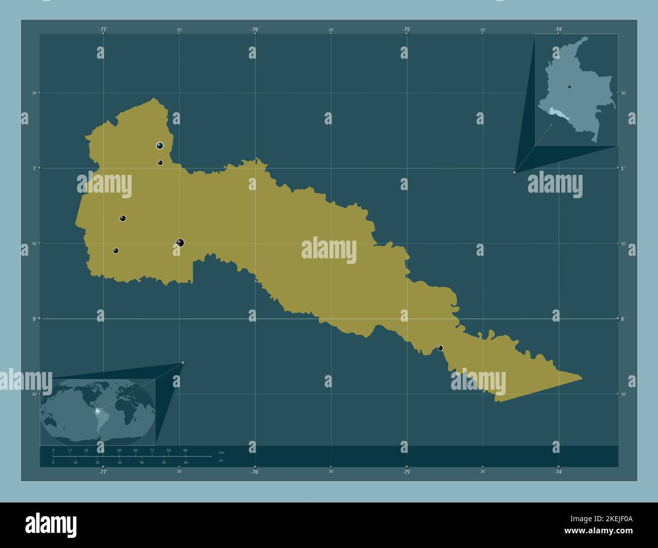 Putumayo, intendancy of Colombia. Solid color shape. Locations of major ...