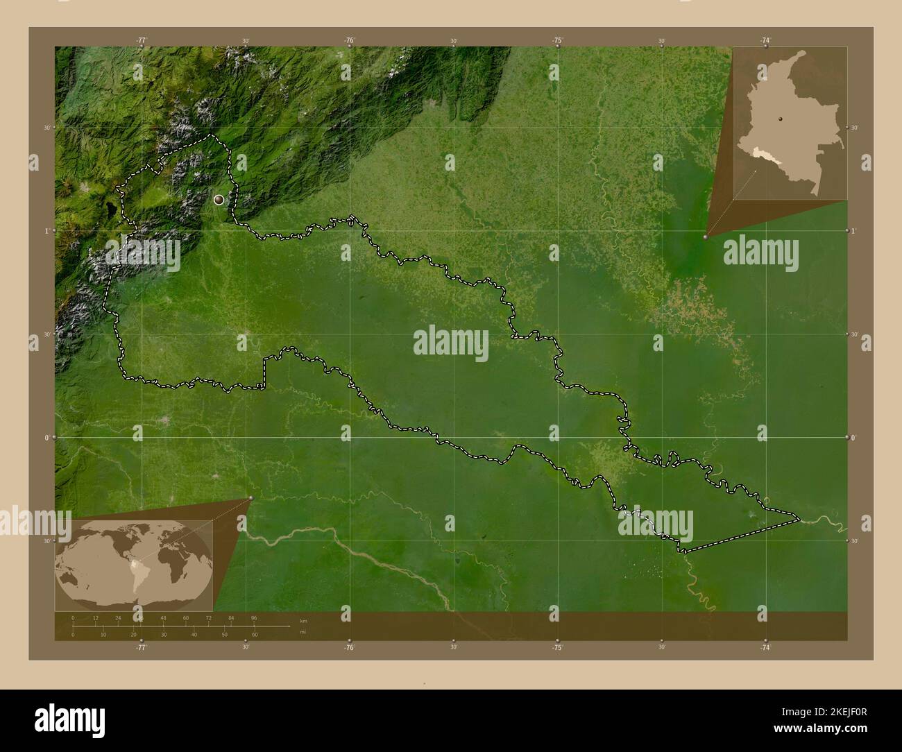 Putumayo, intendancy of Colombia. Low resolution satellite map. Corner ...