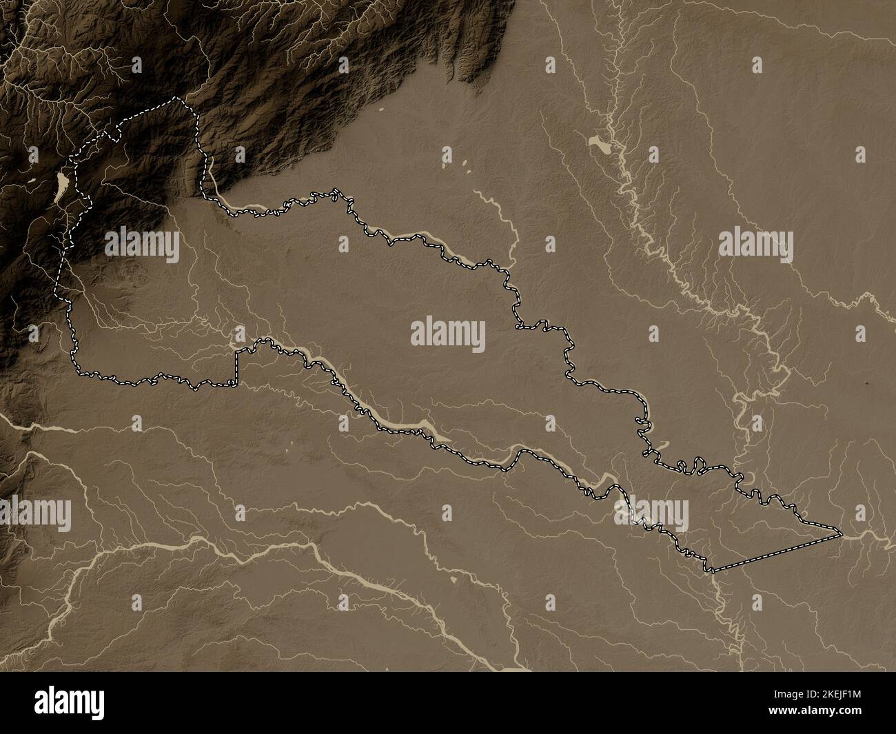 Putumayo, intendancy of Colombia. Elevation map colored in sepia tones ...