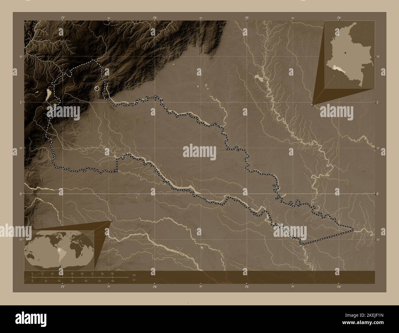 Putumayo, intendancy of Colombia. Elevation map colored in sepia tones ...