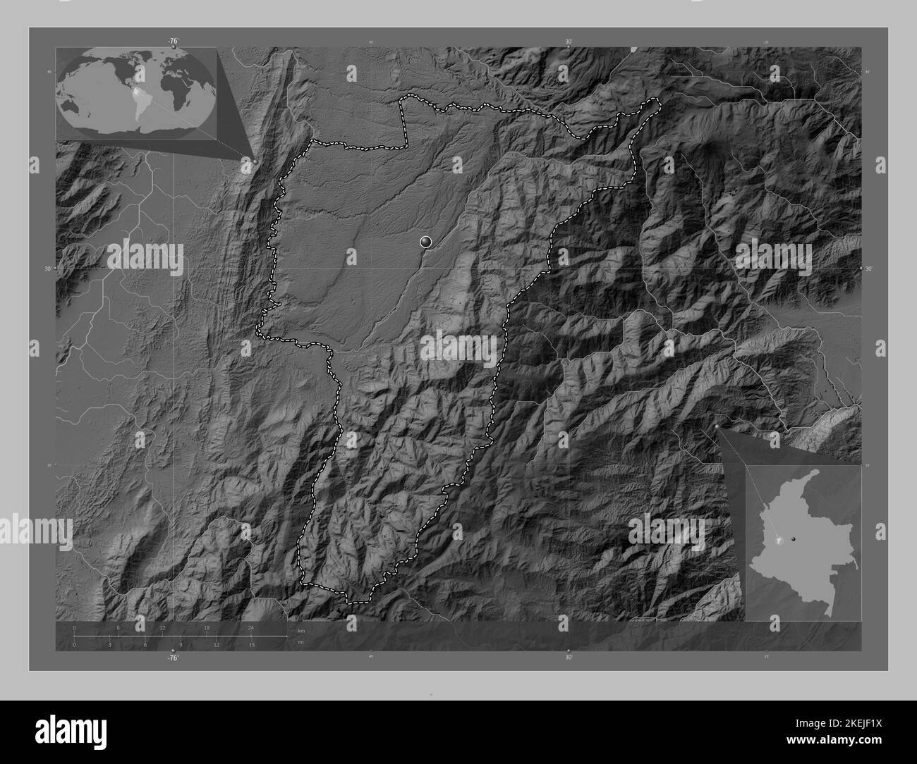 Quindio, department of Colombia. Grayscale elevation map with lakes and rivers. Corner auxiliary ...