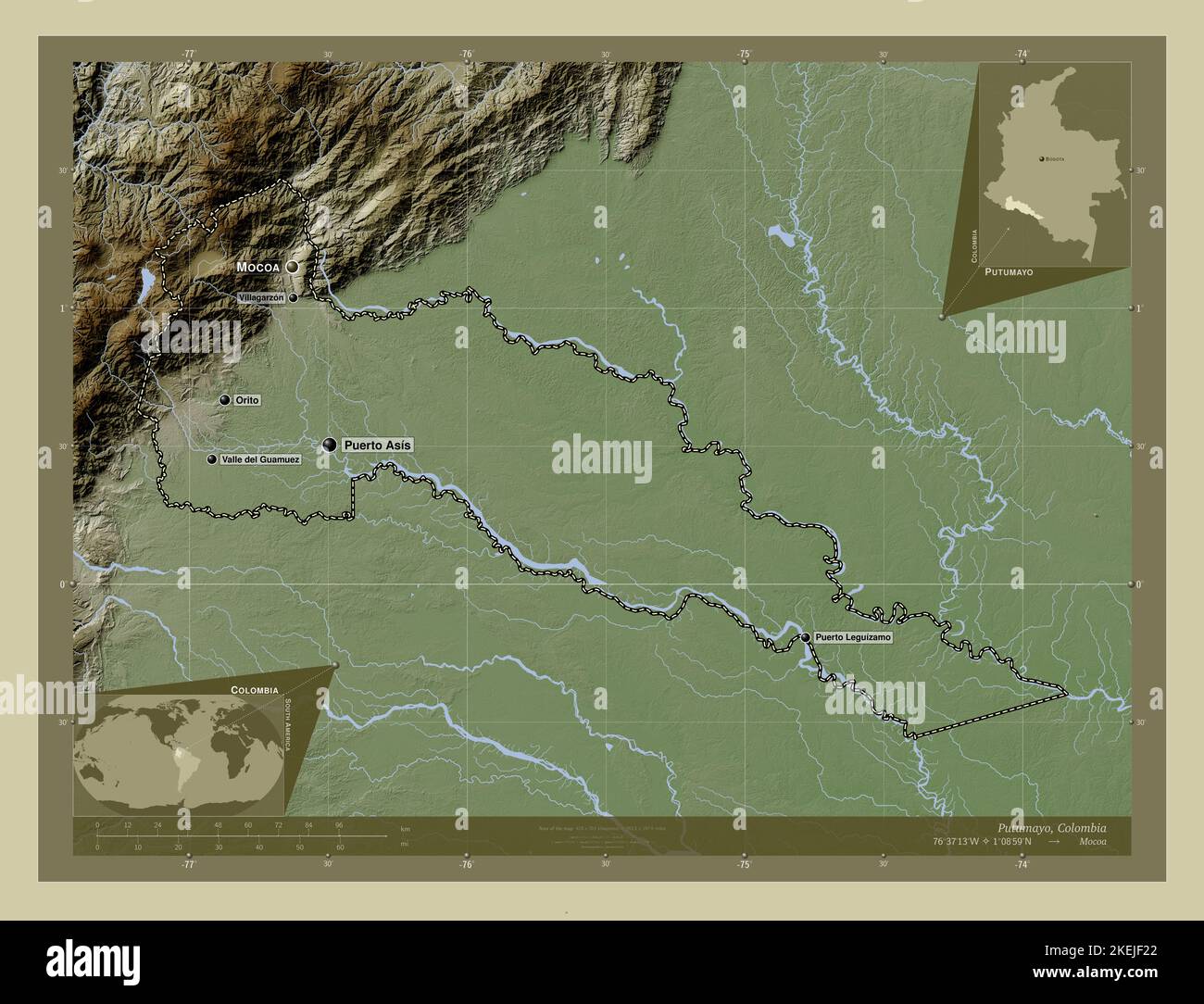 Putumayo, intendancy of Colombia. Elevation map colored in wiki style ...