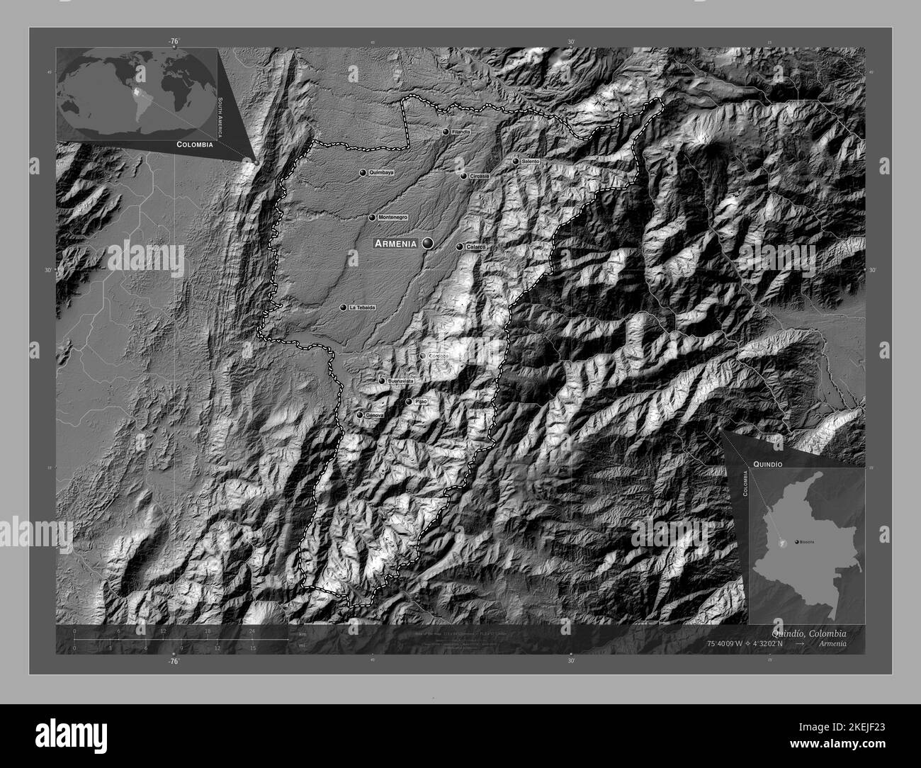 Quindio, department of Colombia. Bilevel elevation map with lakes and ...