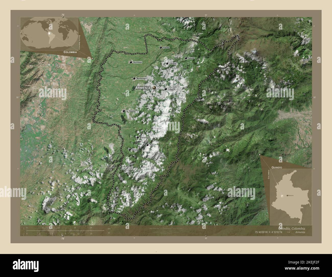 Quindio, department of Colombia. High resolution satellite map ...