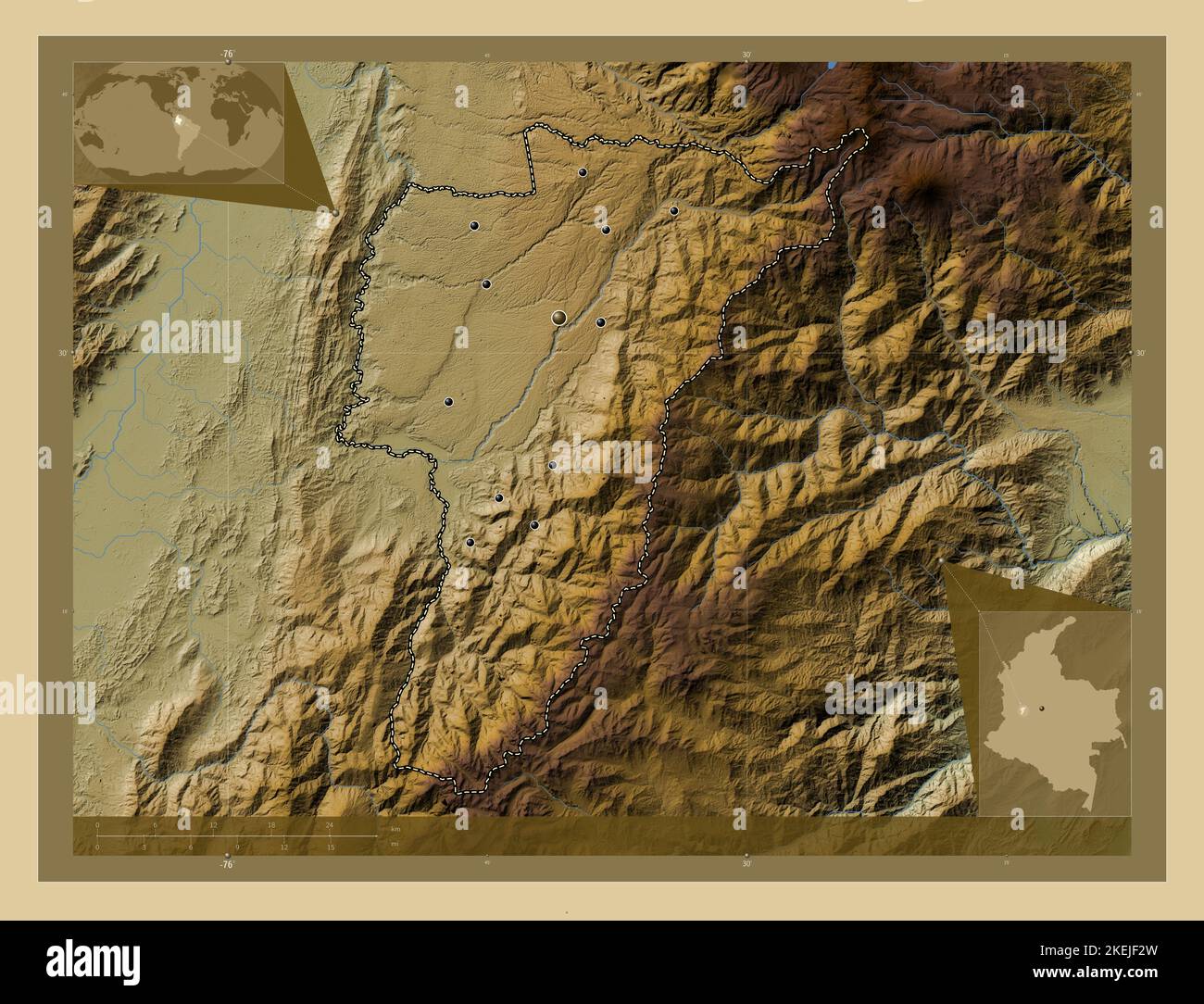 Quindio, department of Colombia. Colored elevation map with lakes and ...