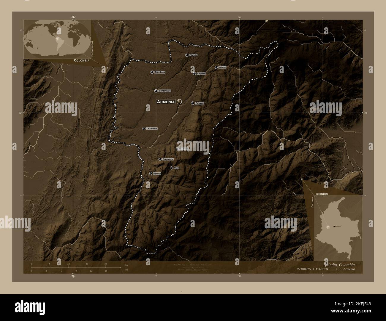Quindio, department of Colombia. Elevation map colored in sepia tones ...