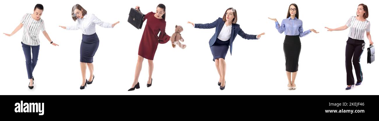 Group of balancing young businesswomen on white background Stock Photo ...