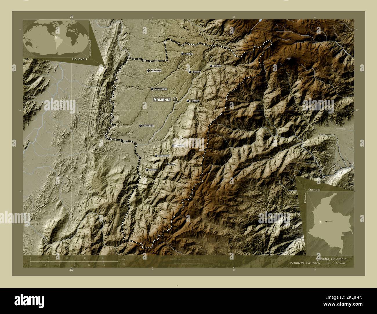 Quindio, department of Colombia. Elevation map colored in wiki style ...