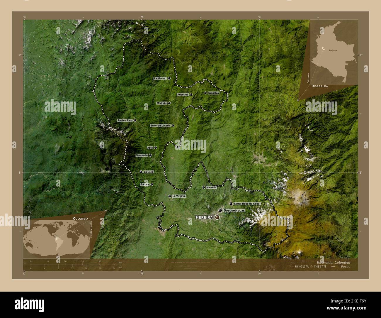 Risaralda, department of Colombia. Low resolution satellite map ...