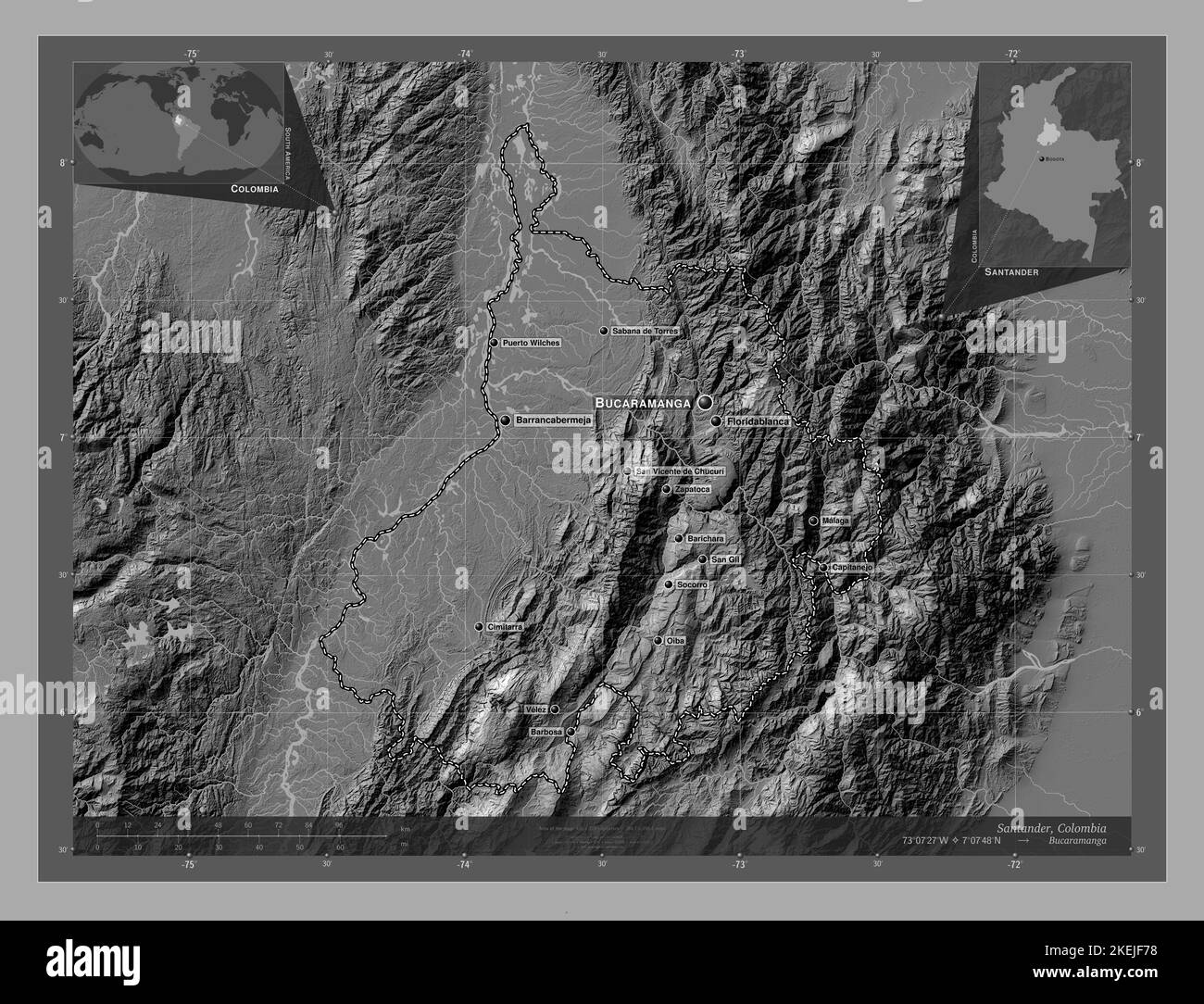 Santander, department of Colombia. Bilevel elevation map with lakes and ...