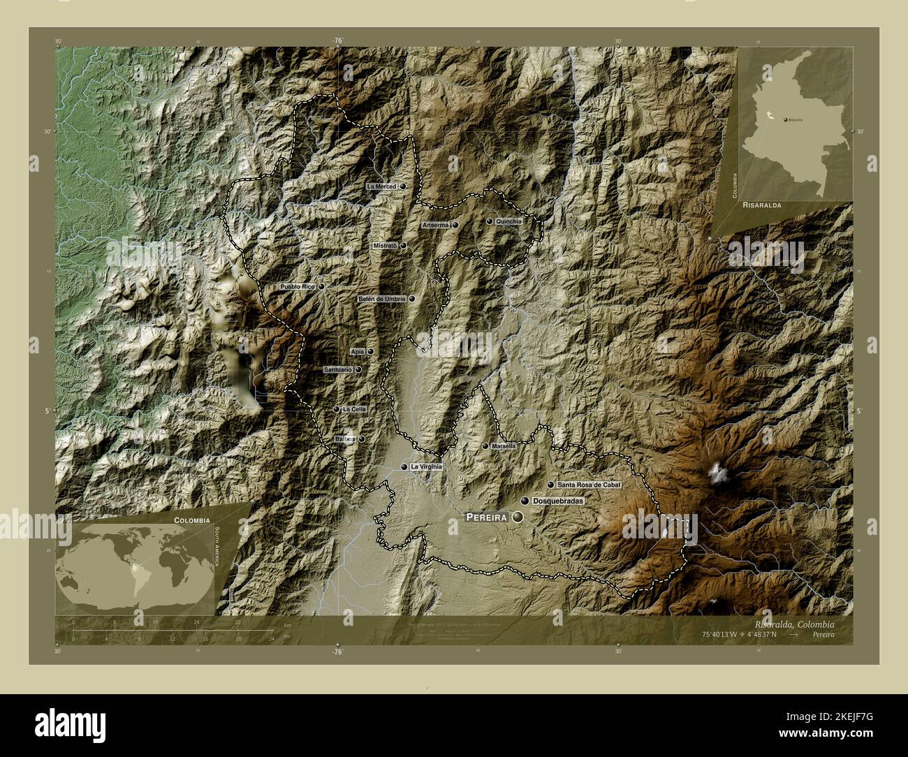 Risaralda, department of Colombia. Elevation map colored in wiki style ...