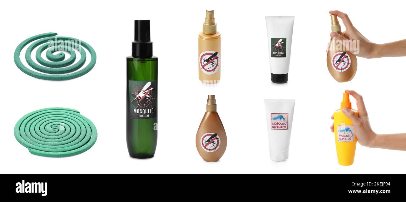 Set of mosquito repellents isolated on white Stock Photo - Alamy