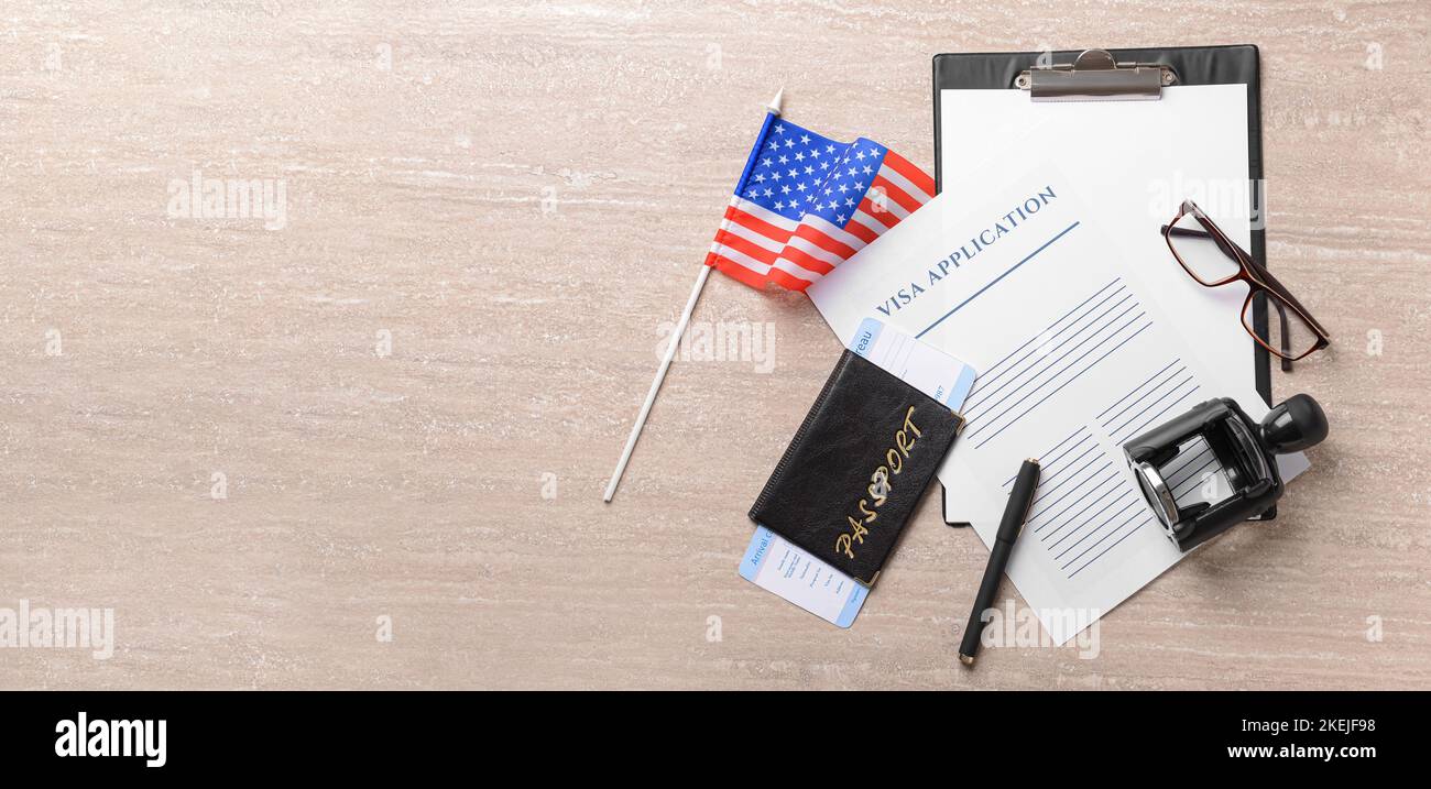Banner with visa application form, passport, stamp and USA flag on ...