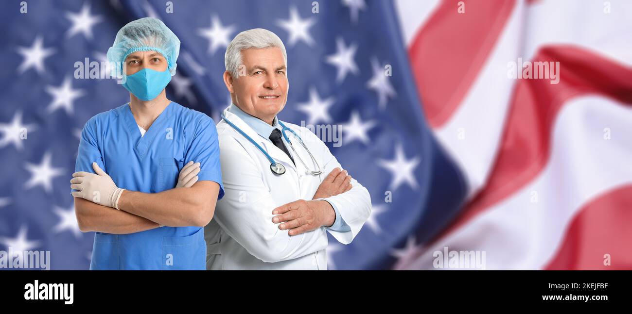 Portrait of male doctors against USA flag Stock Photo - Alamy