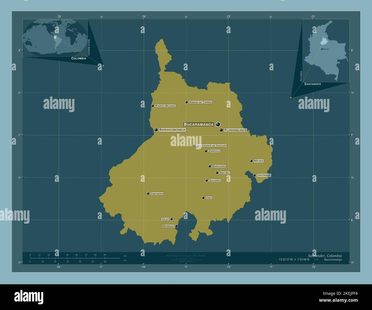 Santander, department of Colombia. Solid color shape. Locations and ...