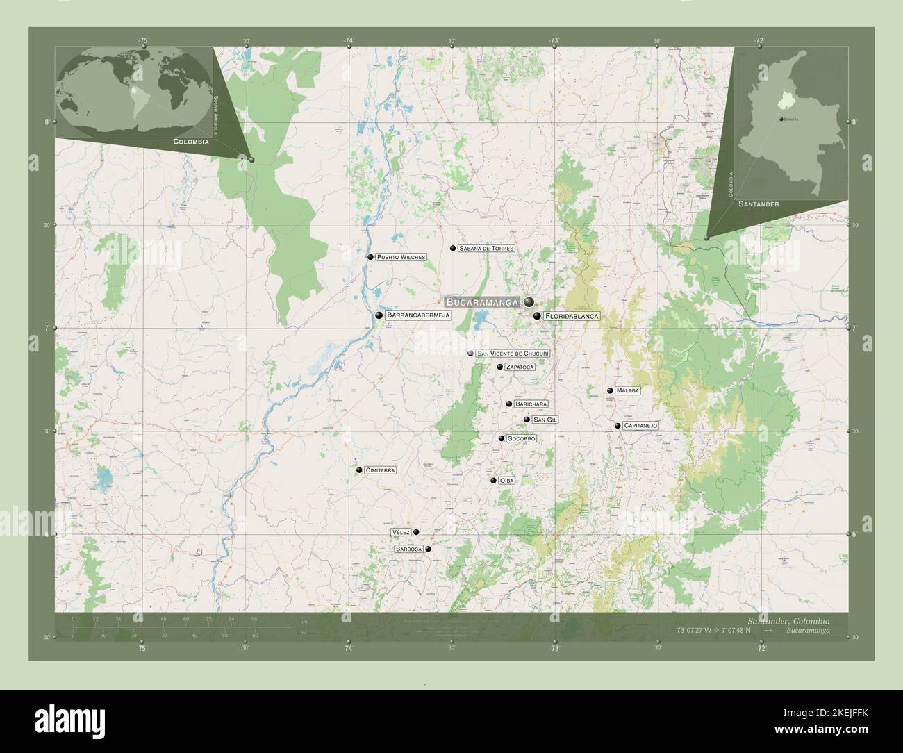 Santander, department of Colombia. Open Street Map. Locations and names ...