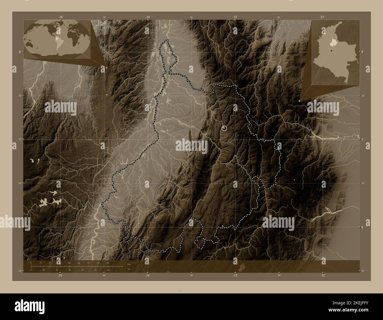 Santander, department of Colombia. Elevation map colored in sepia tones ...