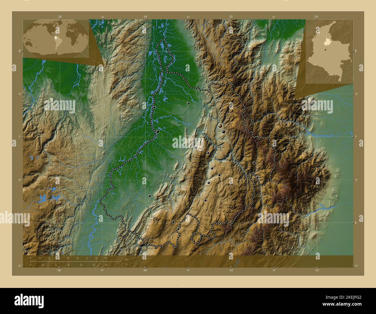 Santander, department of Colombia. Colored elevation map with lakes and ...