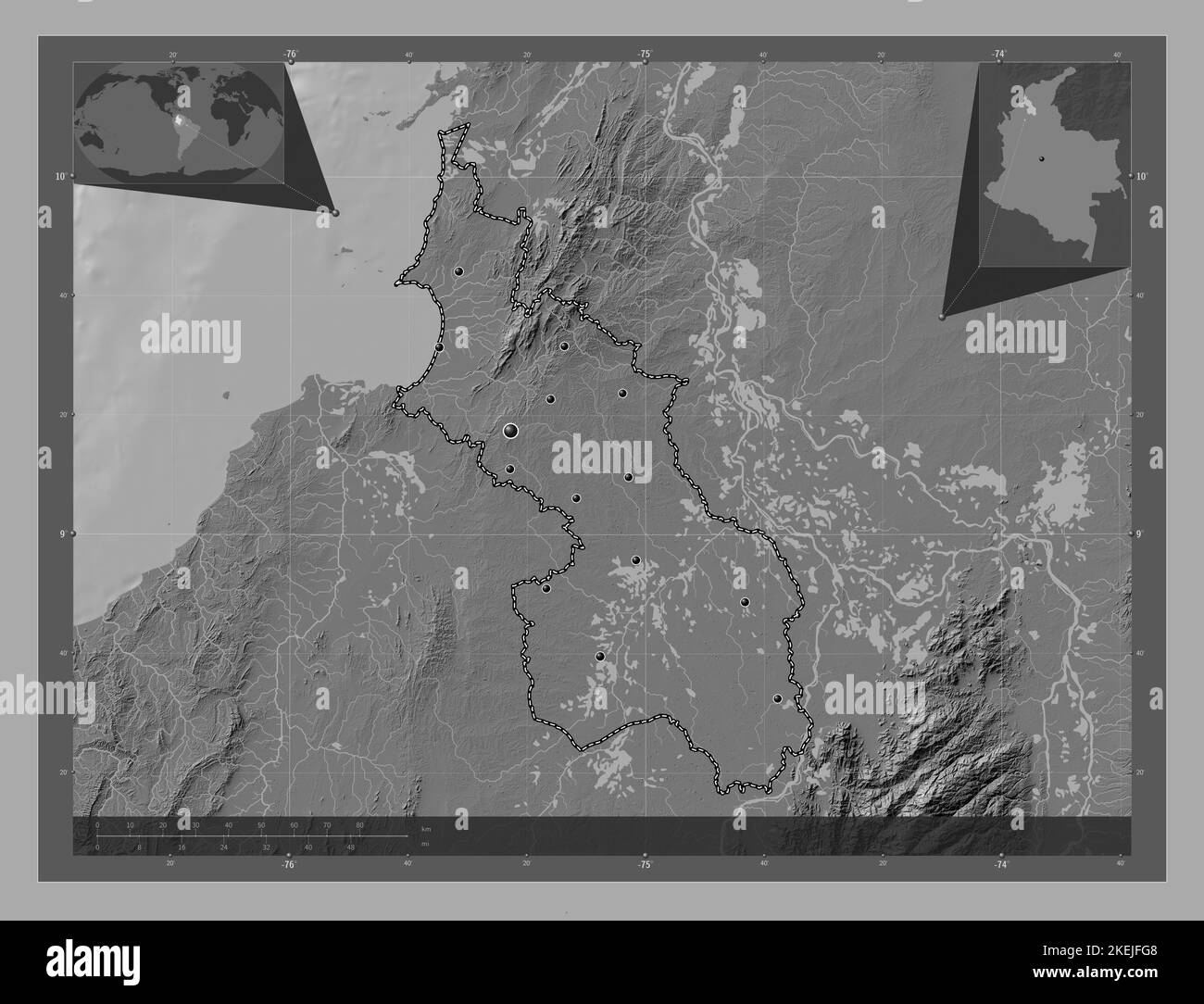 Sucre, department of Colombia. Bilevel elevation map with lakes and ...