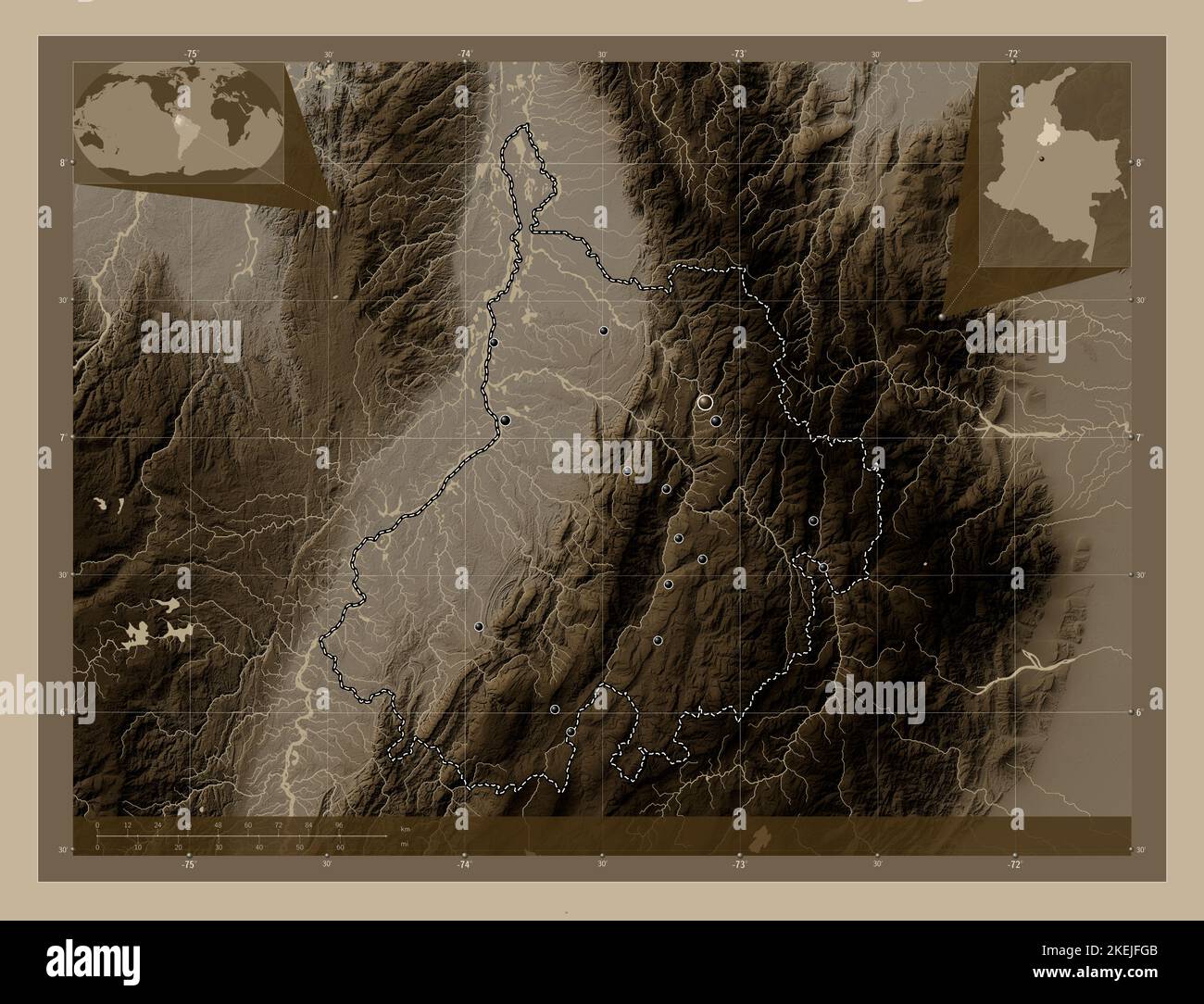 Santander, department of Colombia. Elevation map colored in sepia tones ...
