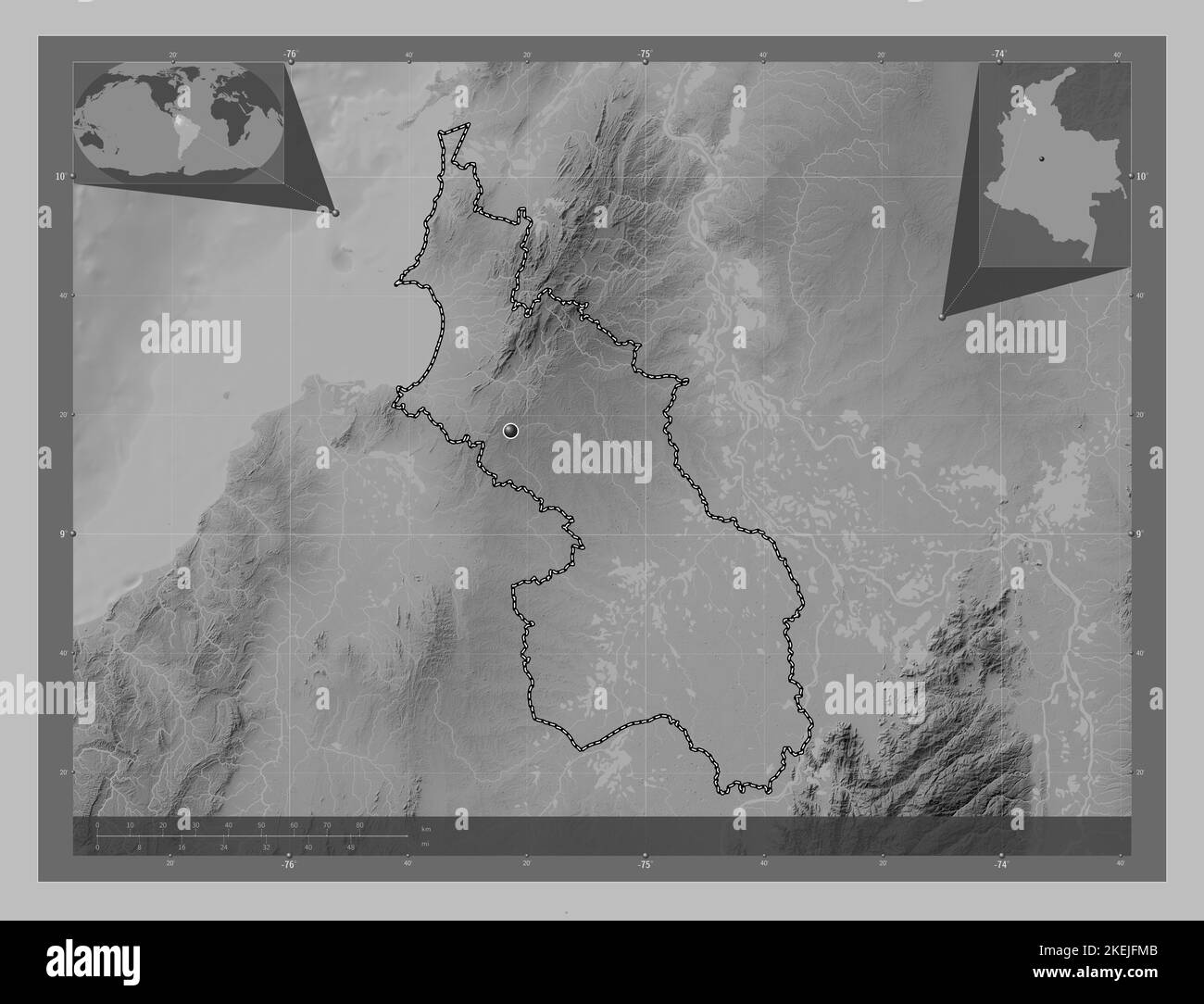 Sucre, department of Colombia. Grayscale elevation map with lakes and ...