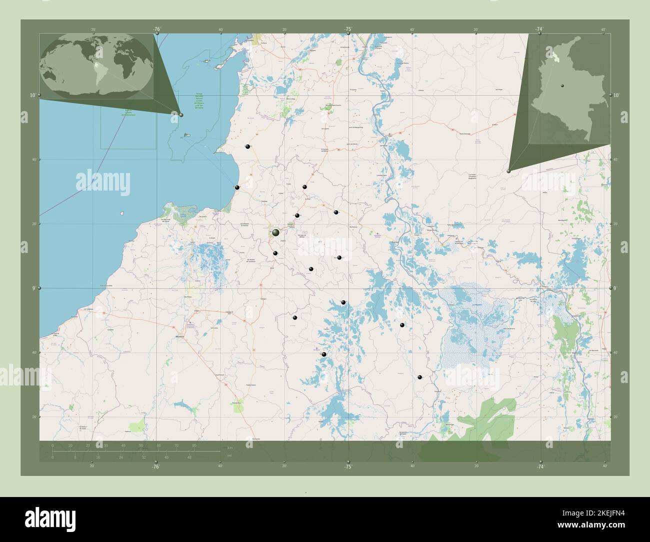 Sucre, department of Colombia. Open Street Map. Locations of major ...