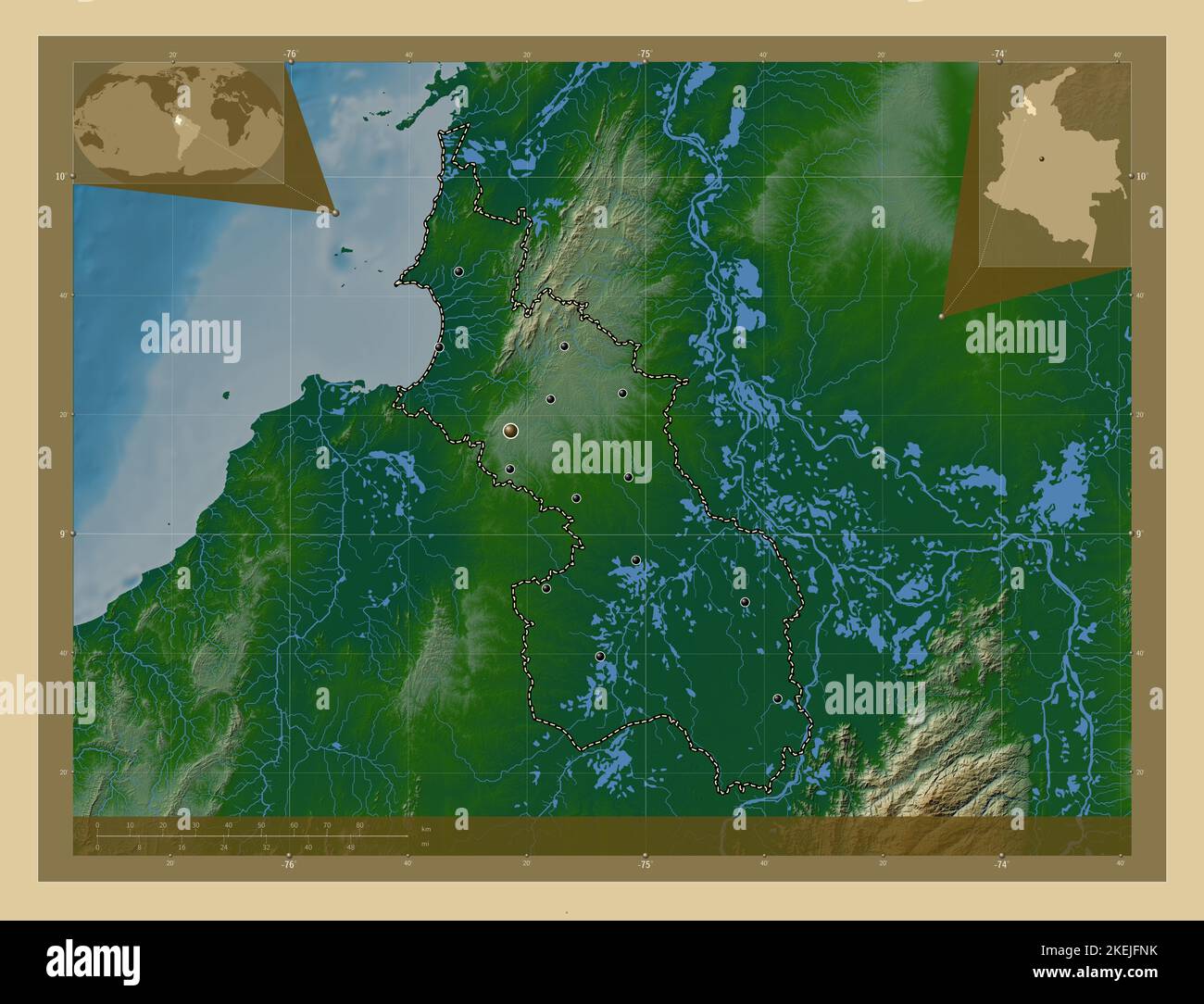 Sucre, department of Colombia. Colored elevation map with lakes and ...