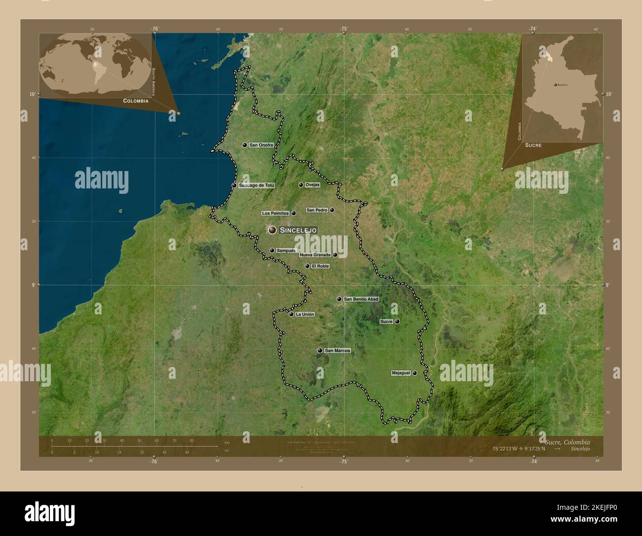 Sucre, department of Colombia. Low resolution satellite map. Locations ...