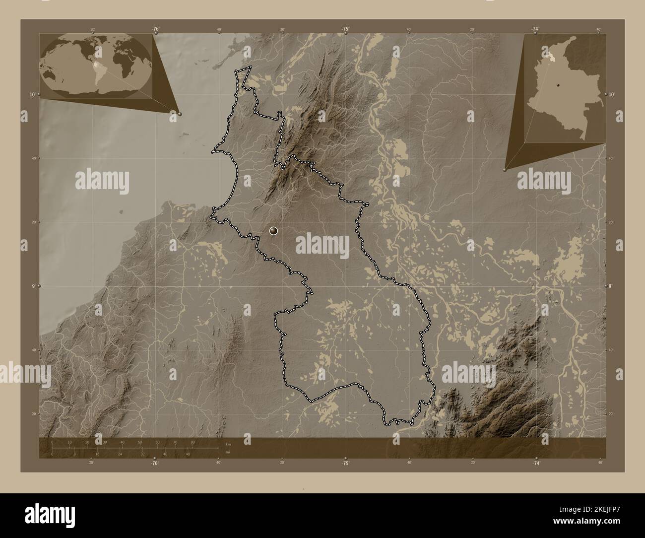 Sucre, department of Colombia. Elevation map colored in sepia tones ...