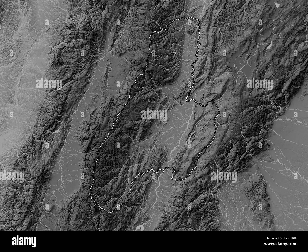 Tolima, department of Colombia. Grayscale elevation map with lakes and ...