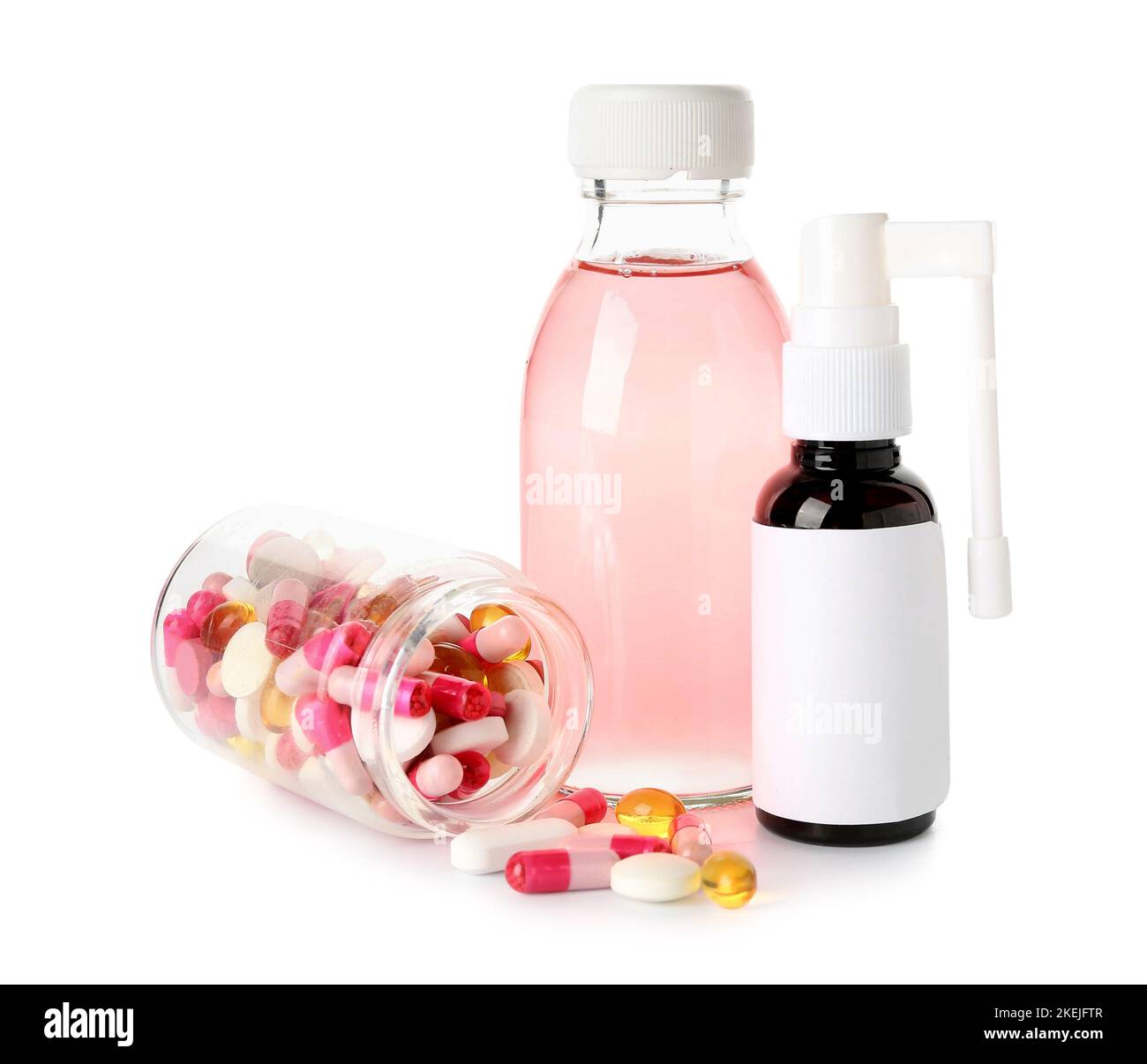 Spray for sore throat, cough syrup and pills on white background Stock ...