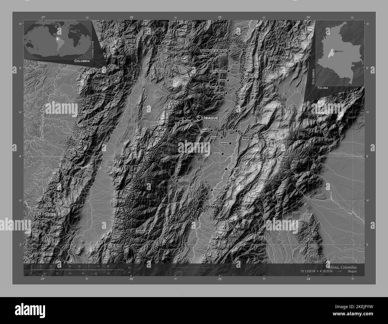 Tolima, department of Colombia. Bilevel elevation map with lakes and ...