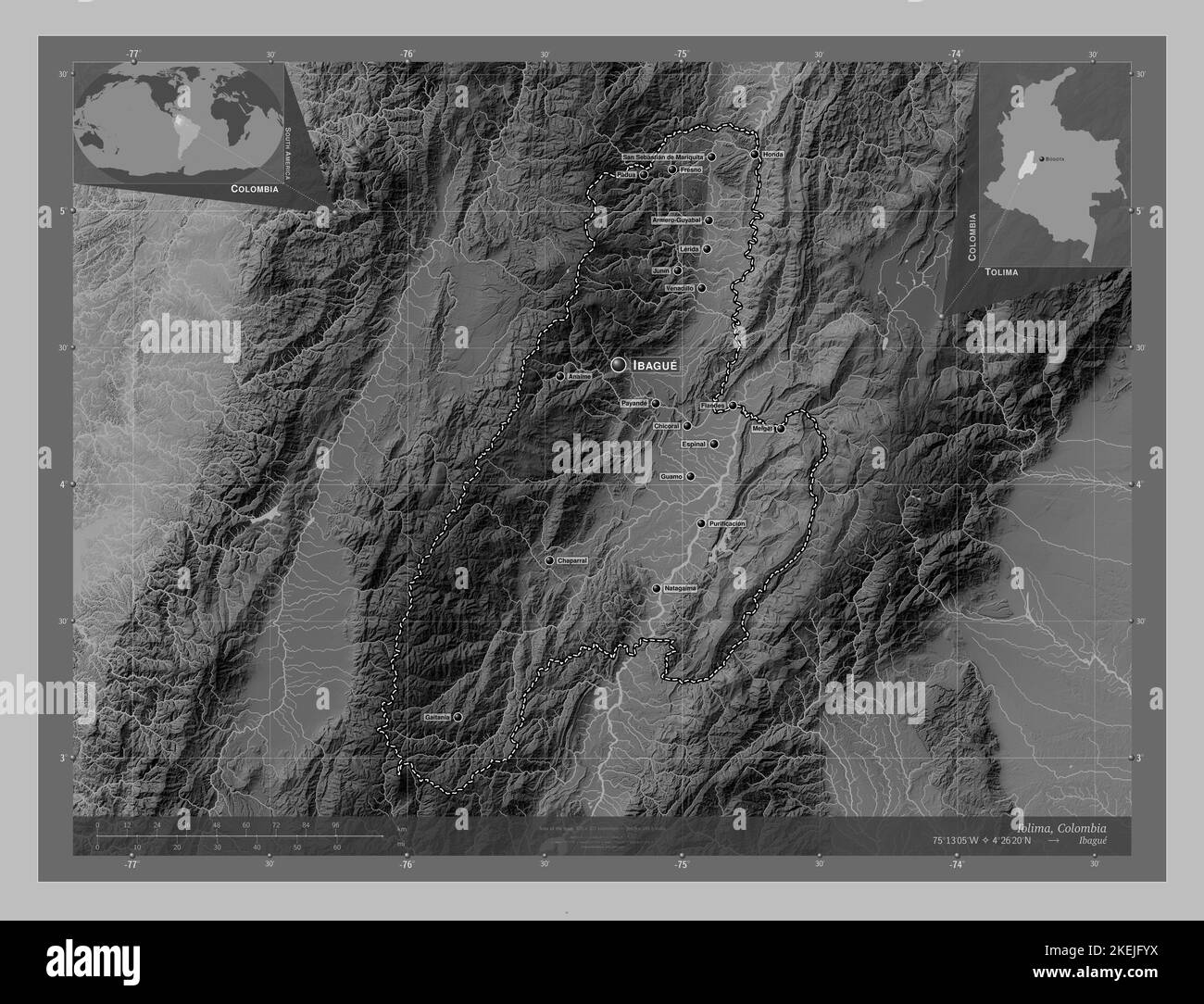 Tolima, department of Colombia. Grayscale elevation map with lakes and ...