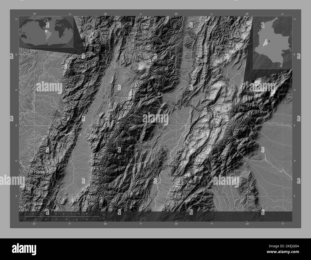 Tolima, department of Colombia. Bilevel elevation map with lakes and ...