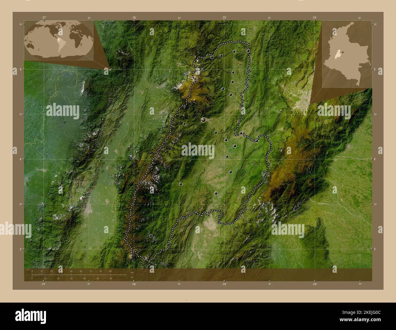 Tolima, department of Colombia. Low resolution satellite map. Locations ...