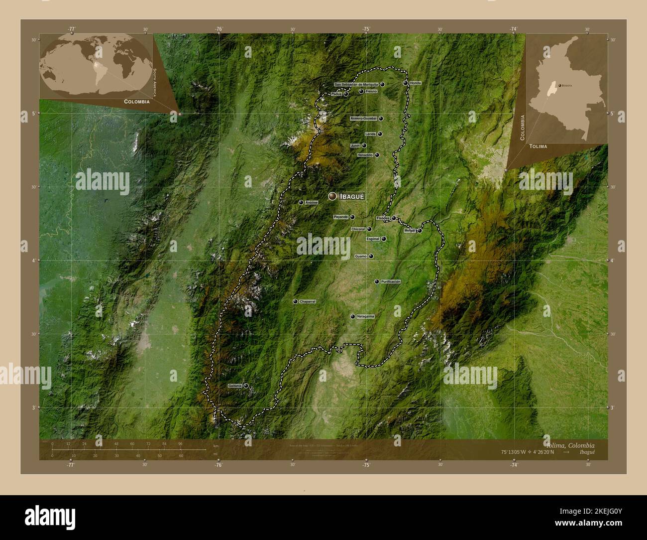 Tolima, department of Colombia. Low resolution satellite map. Locations ...