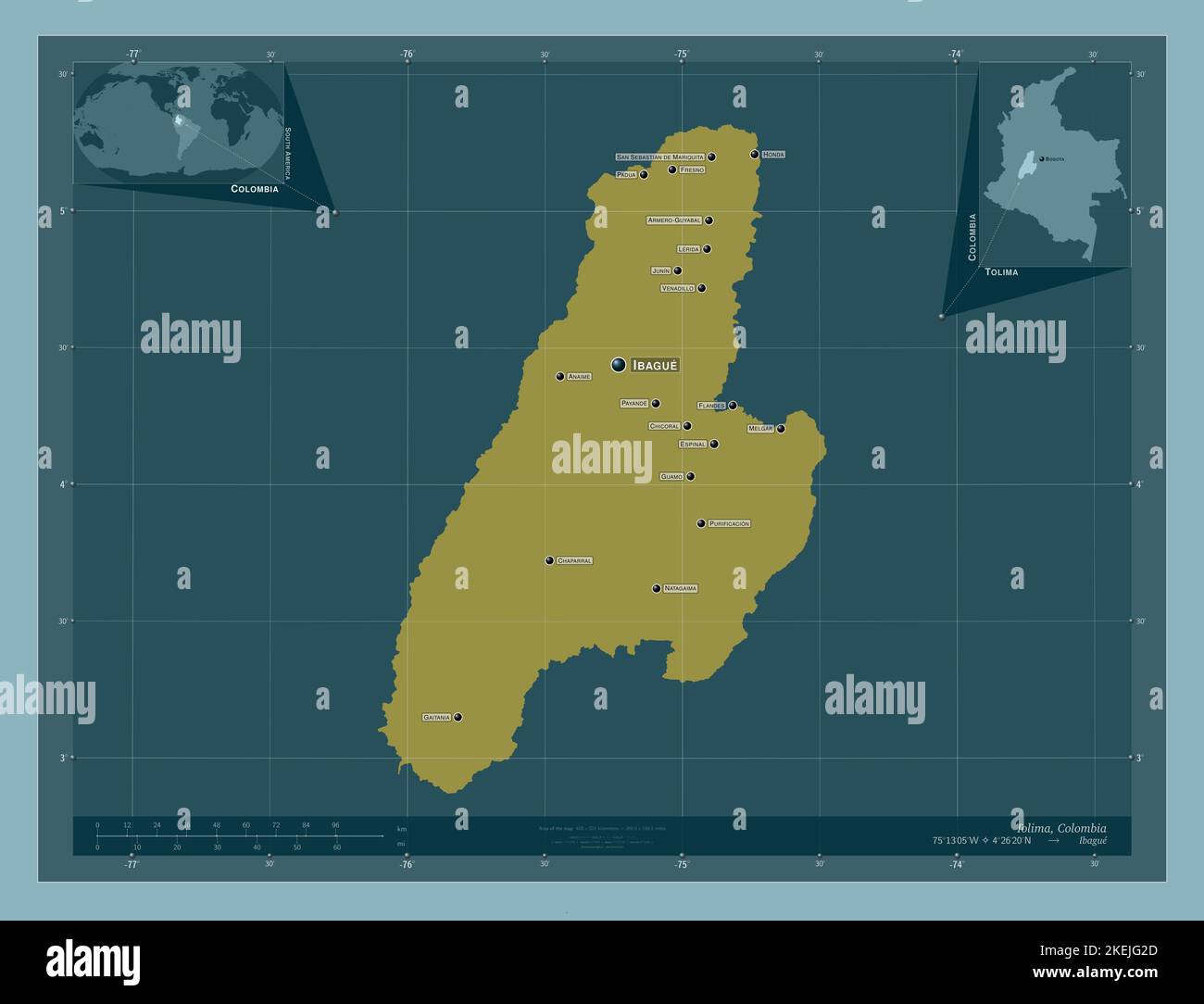 Tolima, department of Colombia. Solid color shape. Locations and names ...