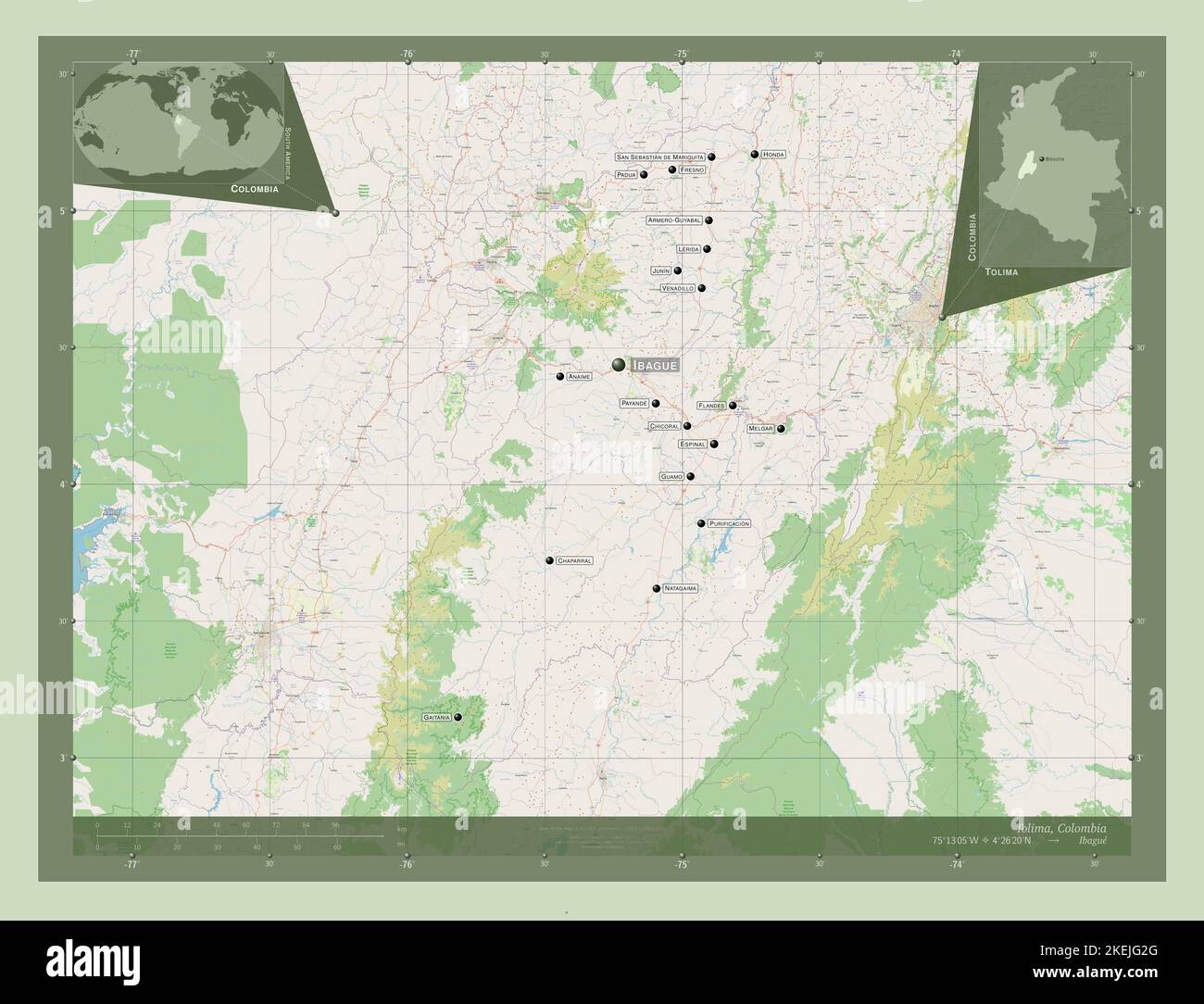 Tolima, department of Colombia. Open Street Map. Locations and names of ...